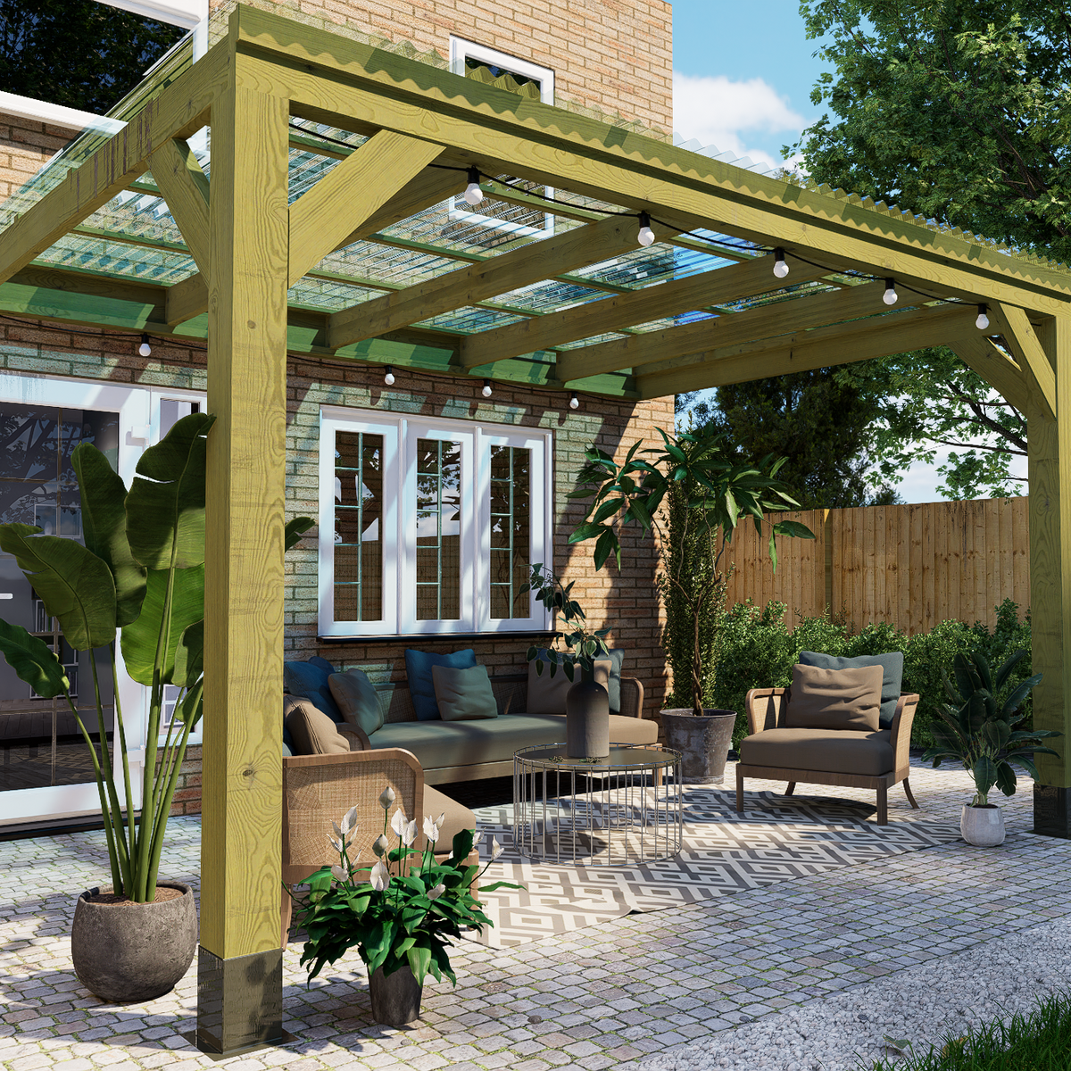 Chunky Wooden Lean to Box Pergola with Clear Roof | Wychwood Clear ...